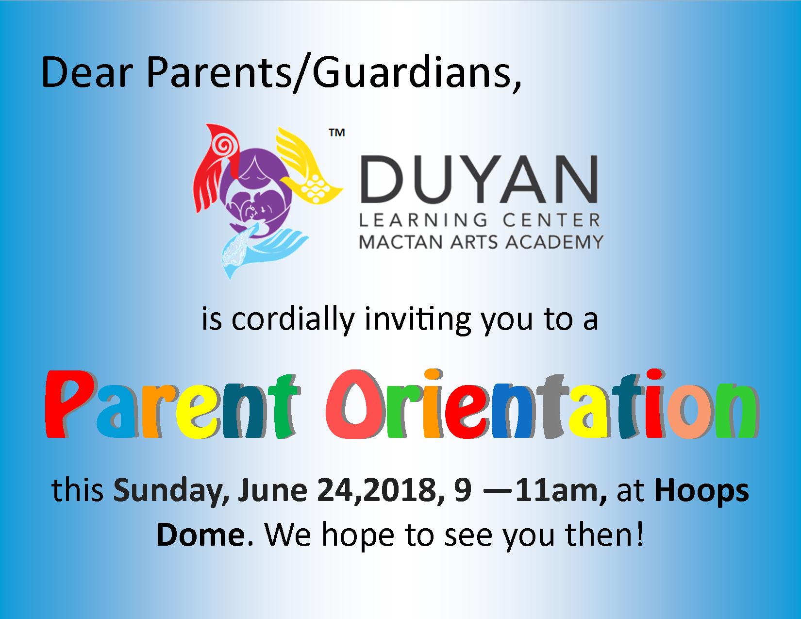 Parent Orientation 2018 | DUYAN Learning Center-Mactan Arts Academy
